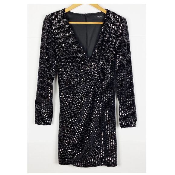 o.p.t | Dresses | Opt Velvet Sequin Faux Wrap Black Mini Dress Long ...